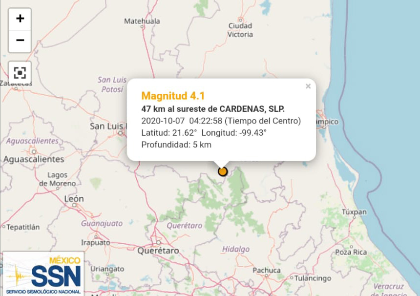 Se registra sismo de 4.1 en la Zona Media de SLP